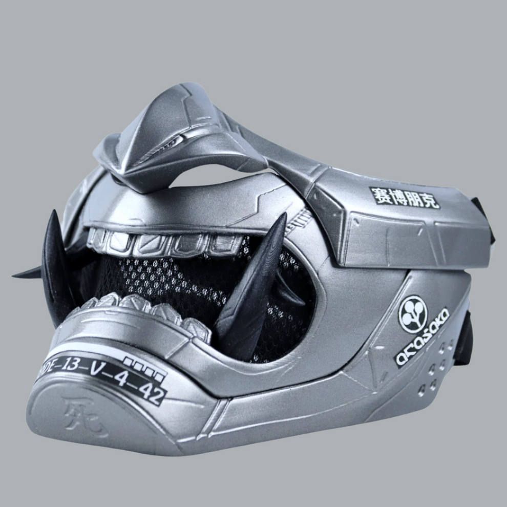 Cyberpunk Oni Mask - Grey Aluminum – Space Armory | Japanese Mask and ...