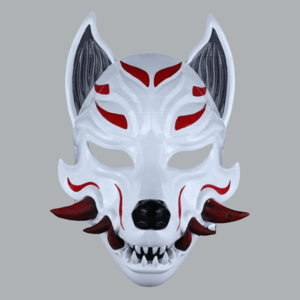Kitsune Fox Mask With Fangs - Glossy White – Space Armory | Japanese ...
