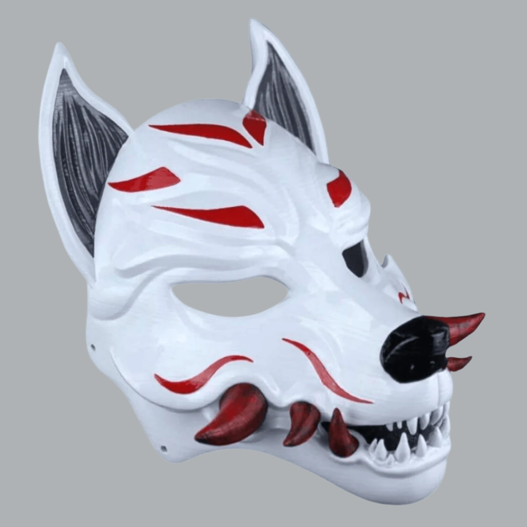Kitsune Fox Mask With Fangs - Glossy White – Space Armory | Japanese ...