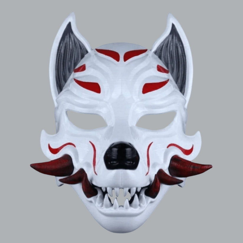 Kitsune Fox Mask With Fangs - Glossy White – Space Armory | Japanese ...